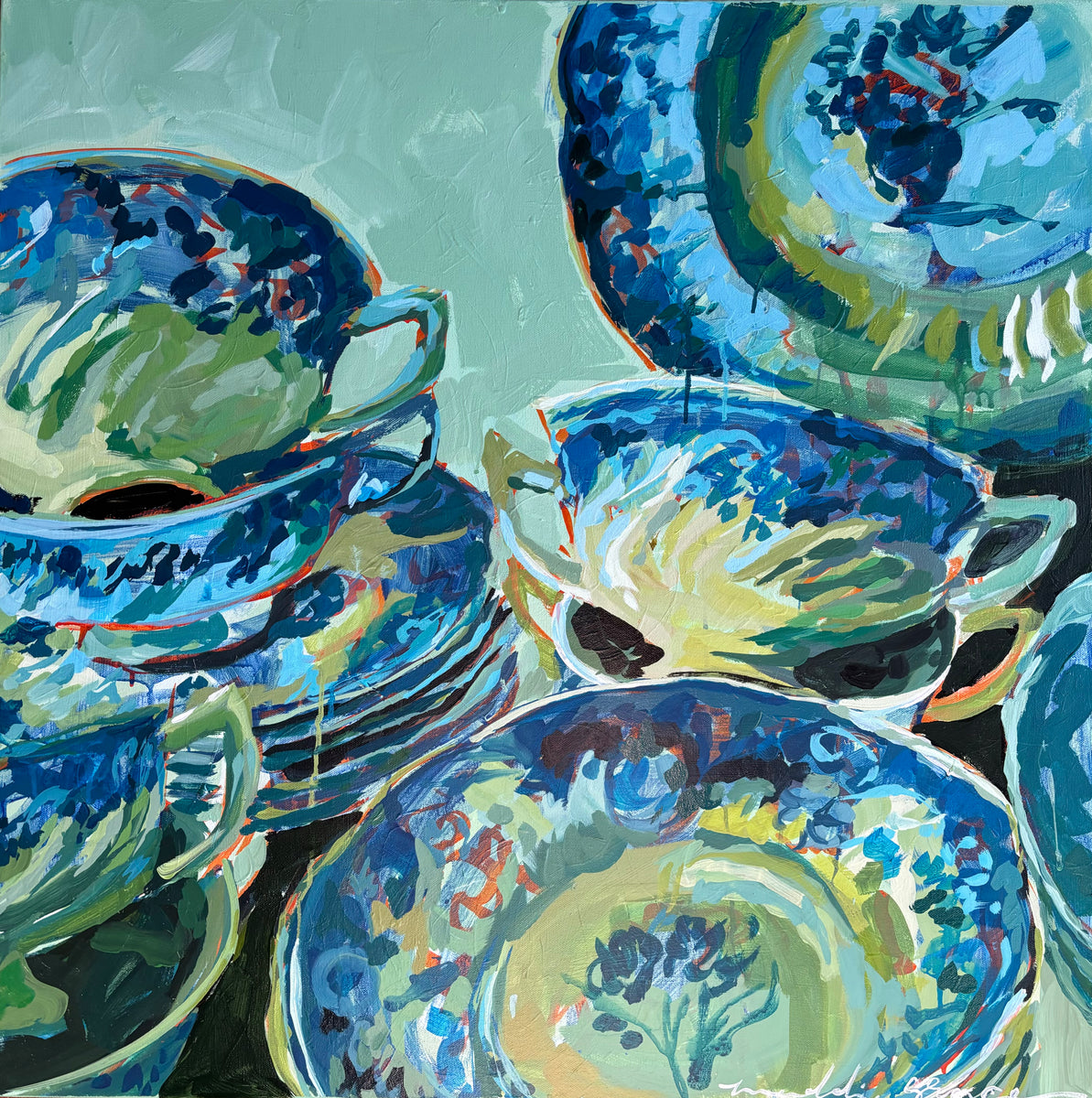 Blue and White on Green, 30 x 30" – Maddie Grace Art