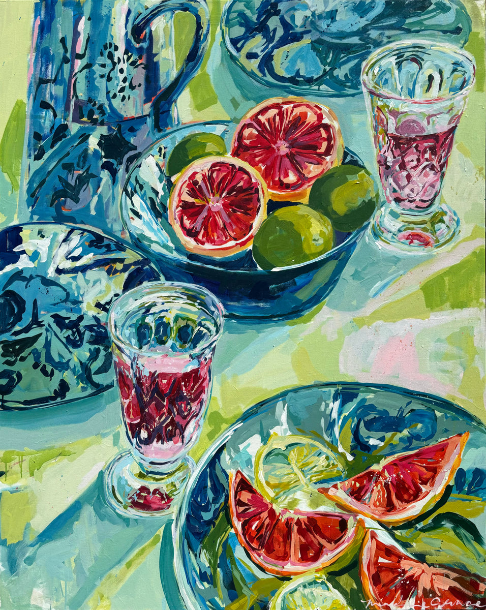 Blue and White and Grapefruit, 60x48" – Maddie Grace Art